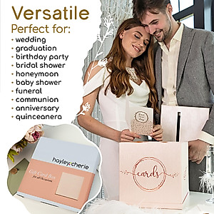 Hayley Cherie - Pink Gift Card Box with Rose Gold Foil Design- Textured Finish - Large Size 10" x 10" - For Wedding Receptions, Baby & Bridal Showers, Sweet 16, Birthdays, 21st Parties, Money