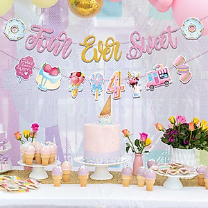 JUYRLE Four Sweet Birthday Decorations- 4 Ever Sweet Party Banner with Donut, Ice Cream, Macaron Pink Theme fourth Birthday Party Decor for baby Girls 4th Birthday Supplies