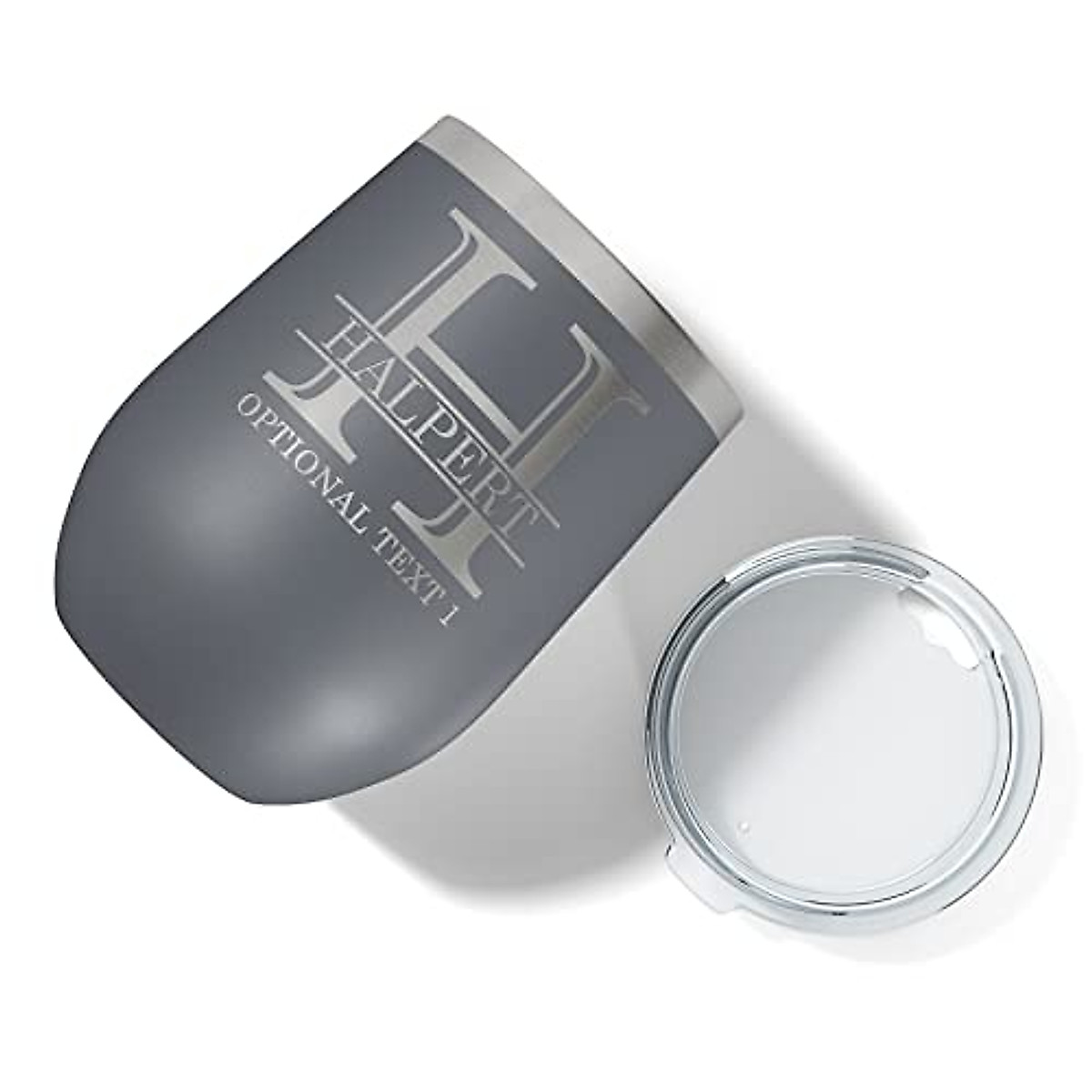 Personalized 12oz (17 Colors) Powder Coated Stainless Steel Stemless Wine Tumbler with Lid, Custom Etched, Customized Gift for Women Her, Wine Lover, Halpert Monogram Initial Name (Gray)