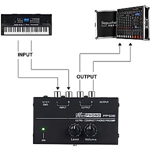 Phono Turntable Preamp-Mini Audio Stereo Phonograph，Separate DC 12V Power Adapter, RCA Input, RCA Output & Low Noise preamp,Portable, Independent Knob Control Operation -Depusheng PP500, Black