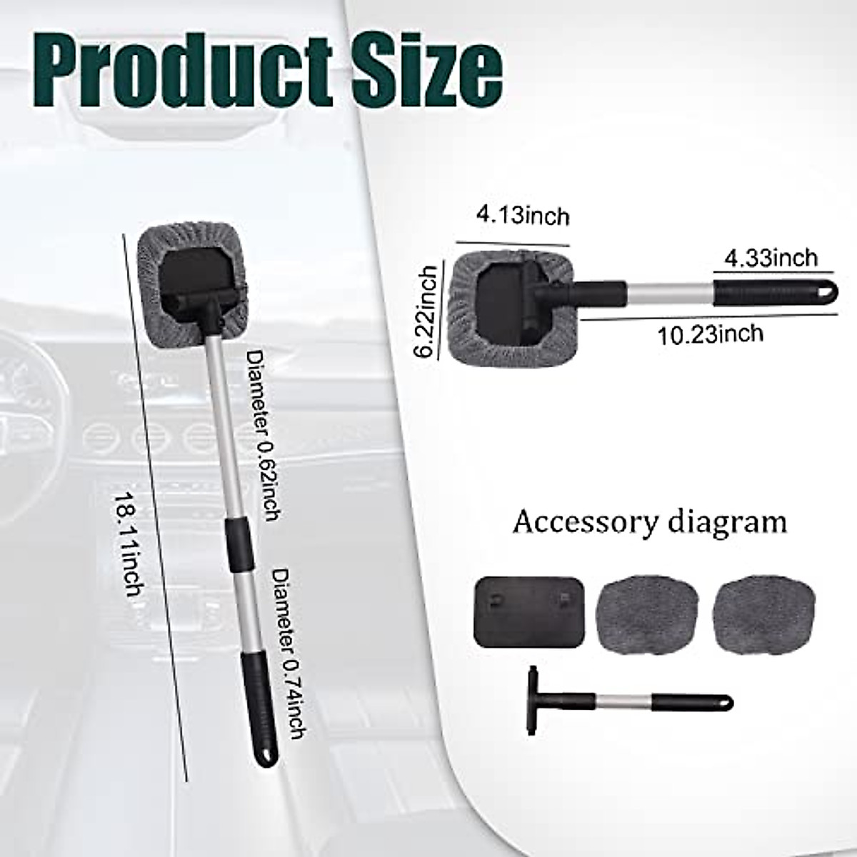 Pincuttee Car Windshield Cleaner Tool,Microfiber Car Window Cleaning Tool with Extendable Handle and Washable Reusable Cloth Pad,Auto Inside Glass Wiper Kit(Gray,1PC)