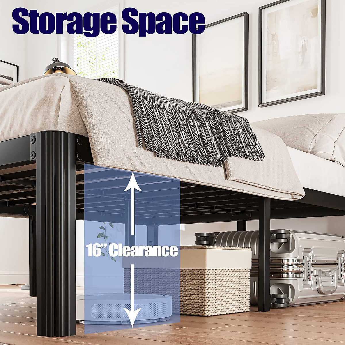 Hunlostten 18in High Heavy Duty California King Bed Frames No Box Spring Needed, Metal Platform Cal King Bed Frame with Round Corners, Easy Assembly, Noise Free, Black