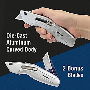 WORKPRO Retractable Utility Knife and Self-retracting Safety Box Cutter 2-in-1 with 2 Extra Blades Included