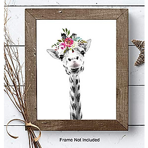 Baby Giraffe Wall Decor Print - Flower Crown Jungle Animals Wall Art Decoration for Girls Bedroom, Kids Room, Nursery - Cute Gift - Boho Shabby Chic Picture - 8x10 UNFRAMED Photo Poster