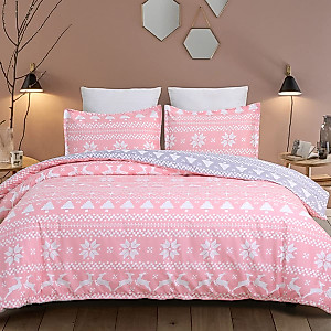 YEPINS Soft Brushed Microfiber Duvet Cover Set with Zipper Closure and Corner Ties, Reversible Design for Christmas Holiday, Pink and Grey Color-Queen Size