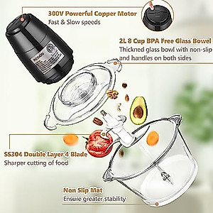 AOSION Electric Food Processor,8 Cup food Chopper,Vegetable Chopper & Meat grinder 350W with 2L Glass Bowl Grinder with 2 Speed for Baby Food/Meat/Fruits/Nuts.
