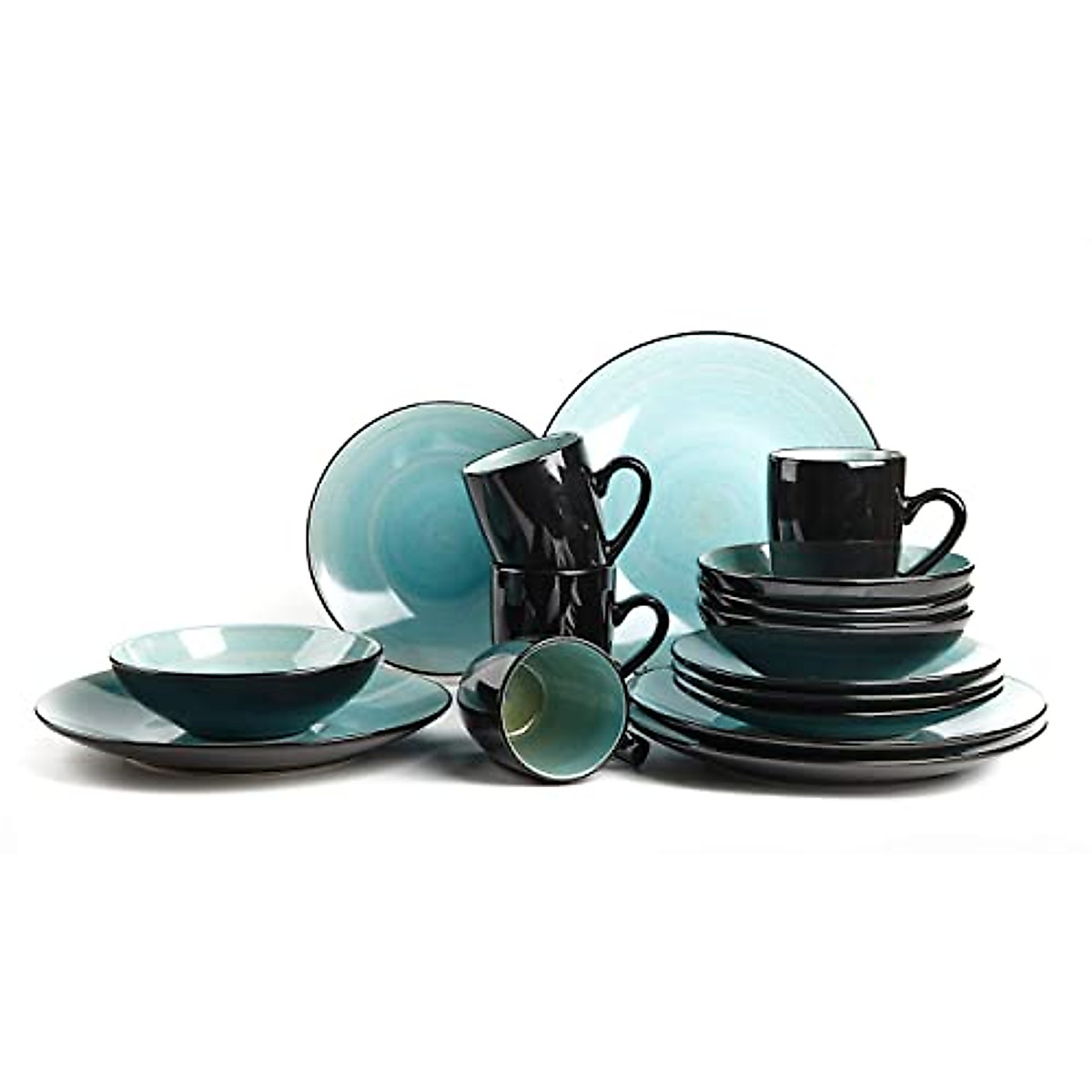 HomeVss Sonoma 16 Piece Stoneware Dinner Set, Outside Black + Inside Handpainted Color Turquoise with speckle