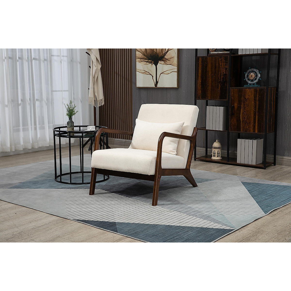 Prohon Mid Century Accent Solid Wood Frame & Waist Cushion, Comfy Upholstered Living Room Chairs, Lounge Reading Armchair for Bedroom Sunroom, Easy Assembly, White