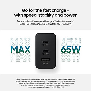 Samsung 65W 3-Port Super Fast Charging Wall Charger, 1x USB-C 65W, 1x USB-C 25W, 1x USB-A 25W, Max capacity 65W (Cable not included), Black, US version
