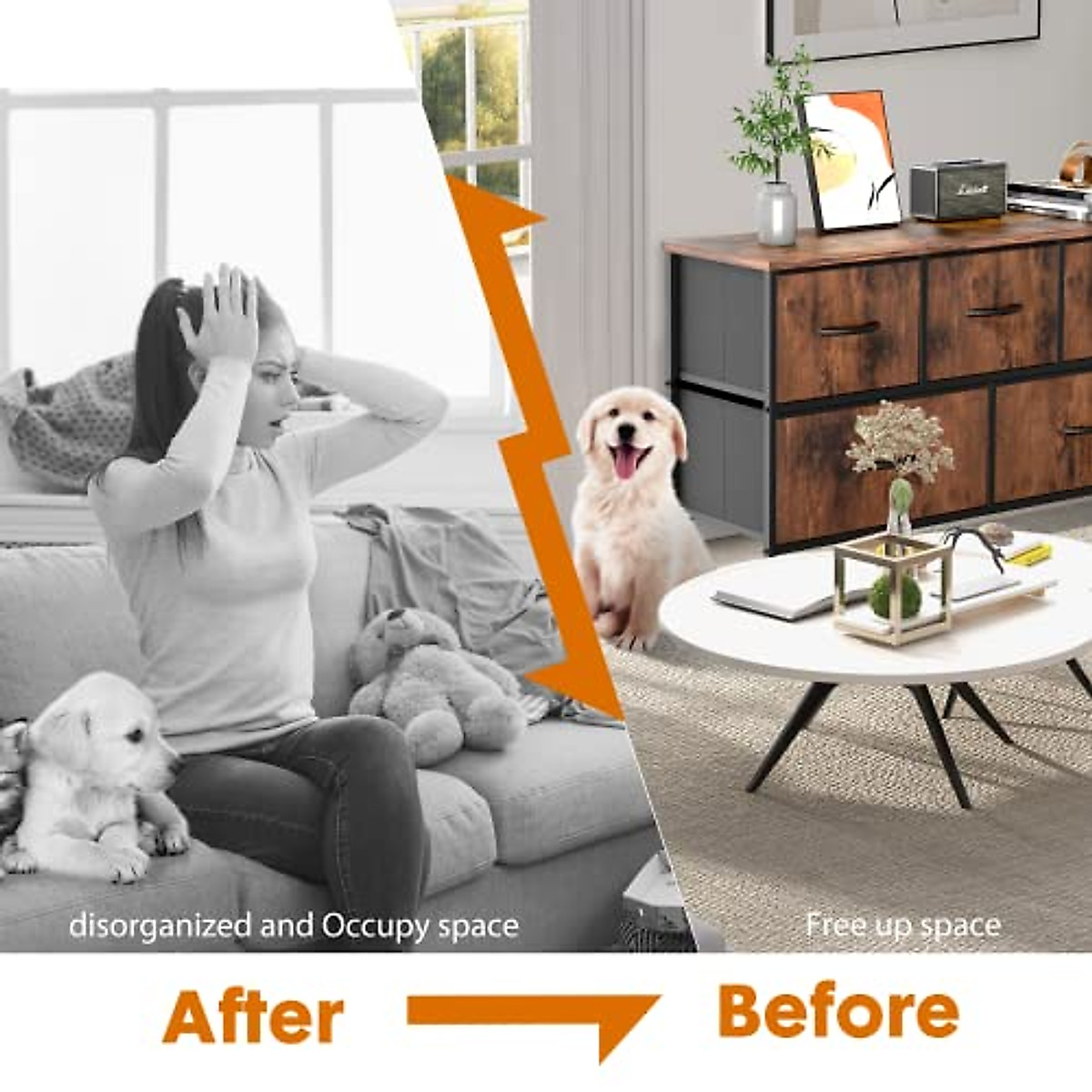 Sweetcrispy Rustic Brown Kids, 5 Dresser Chest Bedroom, Metal Frame and Wood Top for TV Stand up to 45 inch with Fabric Storage Drawer Units for Living Room