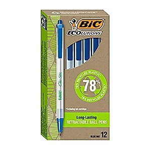 BIC Ecolutions Clic Stic Blue Ballpoint Pens, Medium Point (1.0mm), 12-Count Pack, Retractable Ball Point Pens Made from 78% Recycled Plastic