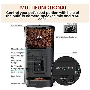 Floofi Automatic Cat Dog Feeder with Camera & Timer 6L,1080P HD Video with IR Night Vision, Real-Time Video Recording,Two Way Voice Intercom,Low Food & Blockage Sensor, Sound Alerts for Pets