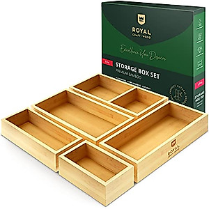 ROYAL CRAFT WOOD Luxury Bamboo Drawer Organizer Storage Box, Bin Set - Multi-Use Drawer Organizer for Kitchen, Bathroom, Office Desk, Makeup, Jewelry (5 Boxes)