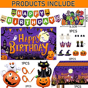 Halloween Birthday Party Decorations Halloween Birthday Banner Halloween Tablecloth Backdrop Banner Tinsel Fringe Foil Curtains Latex Balloons Cake Toppers for Kid Halloween Theme Birthday Party Decor