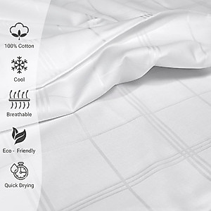 Pizuna Cotton Full Duvet Cover Set, 300 Thread Count Long Staple Cotton Sateen Weave with Button Closure (Combed Checks Luxury White Cotton Duvet Cover Full)