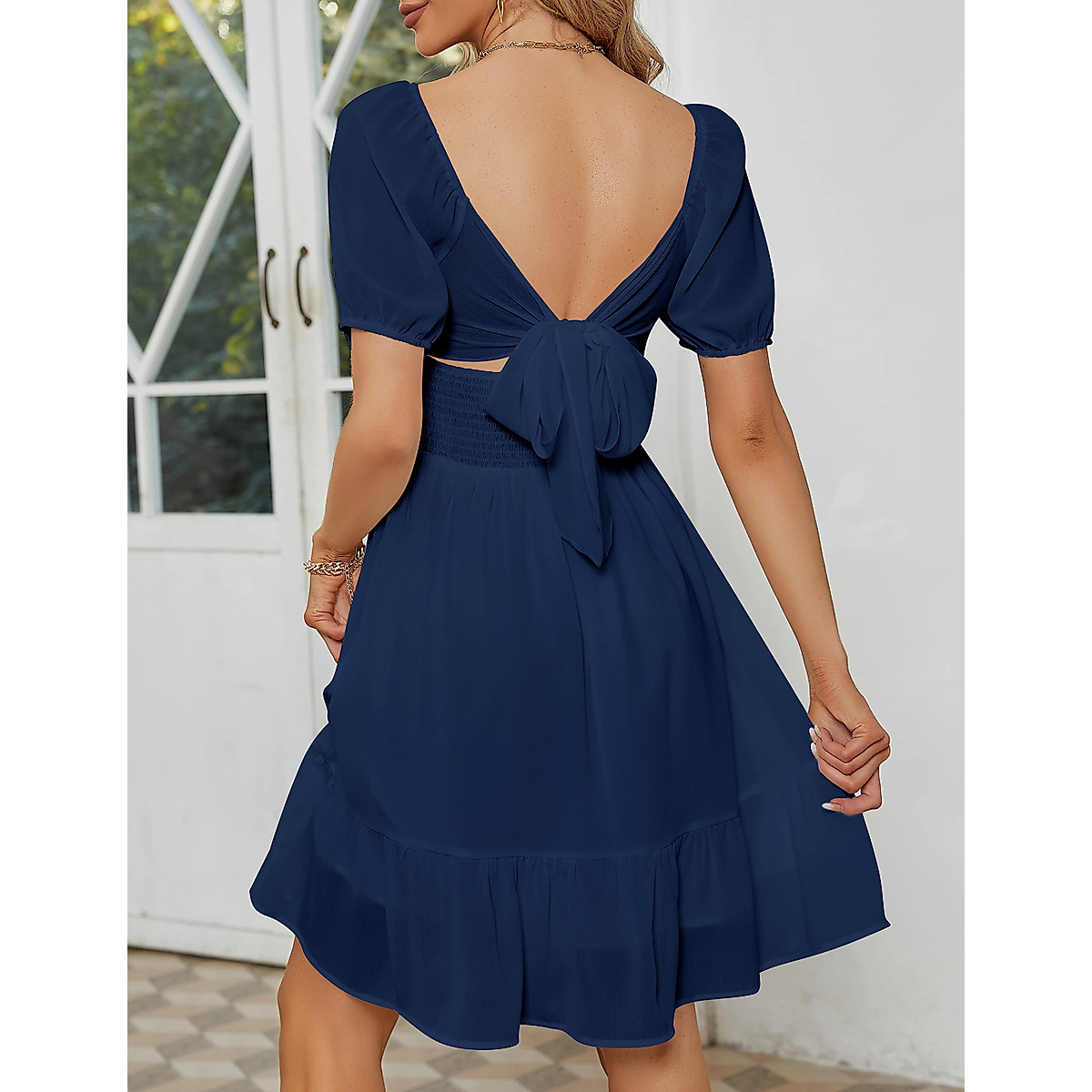 YATHON Wedding Guest Dresses for Women with Sleeves Homecoming Bridesmaid Sundress Family Gathering Dance Party Short Dresses(YT194-Navy,L)