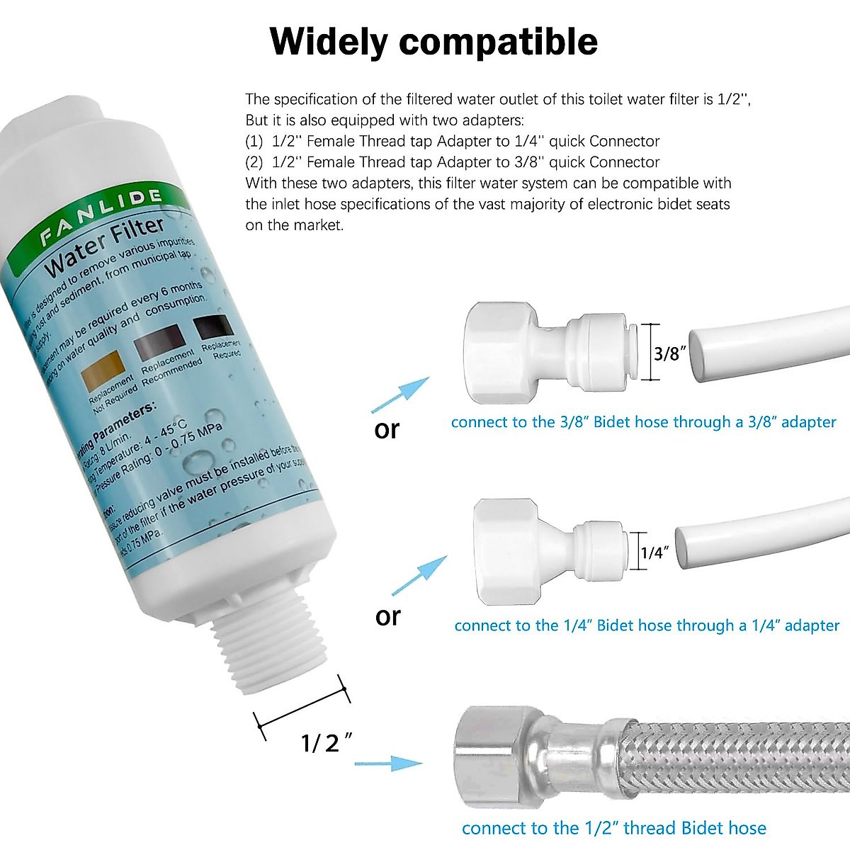 FANLIDE Bidet water filter for electronic bidet seats, Toilet water filter system, compatible with 1/2" 1/4" 3/8" Bidet hose (2 Filters + 2 Adapter)
