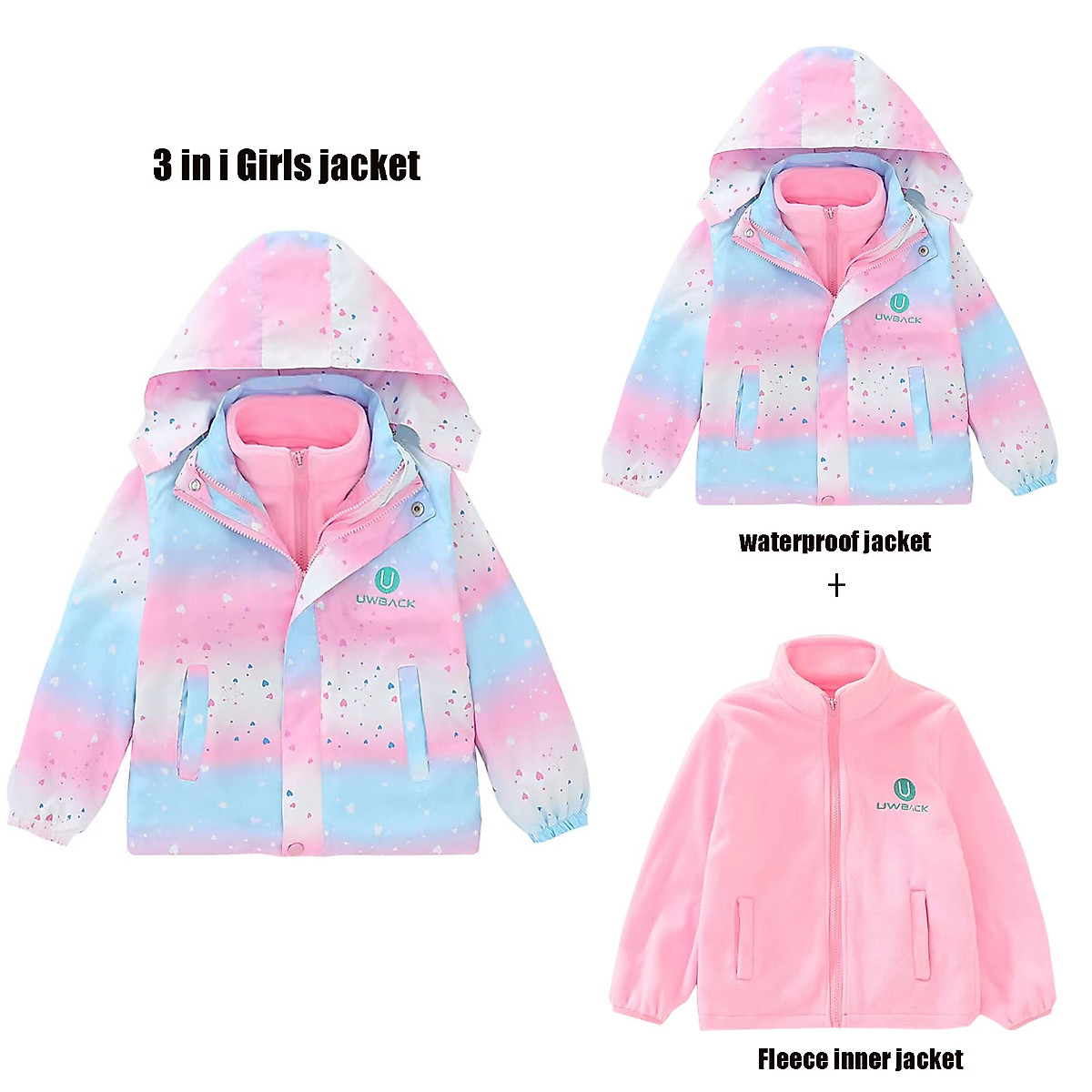 UWBACK Girls Jacket 3 In 1 Detachable Liner Fleece Windproof Waterproof Winter Coat With Hood Pink Love 150
