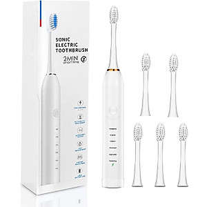 Electric Sonic Toothbrush with 6 Brush Heads, Rechargeable Power Toothbrush for Adults 2 Minute Built in Smart Timer, 6 Modes, One Charge for 60 Days