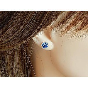 925 Sterling Silver Sapphire Blue Crystal Paw Print Stud Earrings 18872 (Nickel Free)