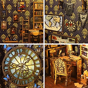 DIY Book Nook Kit, FOTEEMO DIY Miniature Dollhouse Detective Book Nook Building with LED Light Creative Bookend Model Kit DIY 3D Insert Wooden Puzzles Bookshelf for Teens Adults