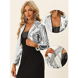 Allegra K Open Front Cardigan for Women's Notched Lapel Cropped Party Club Sparkly Sequin Blazer Large Silver