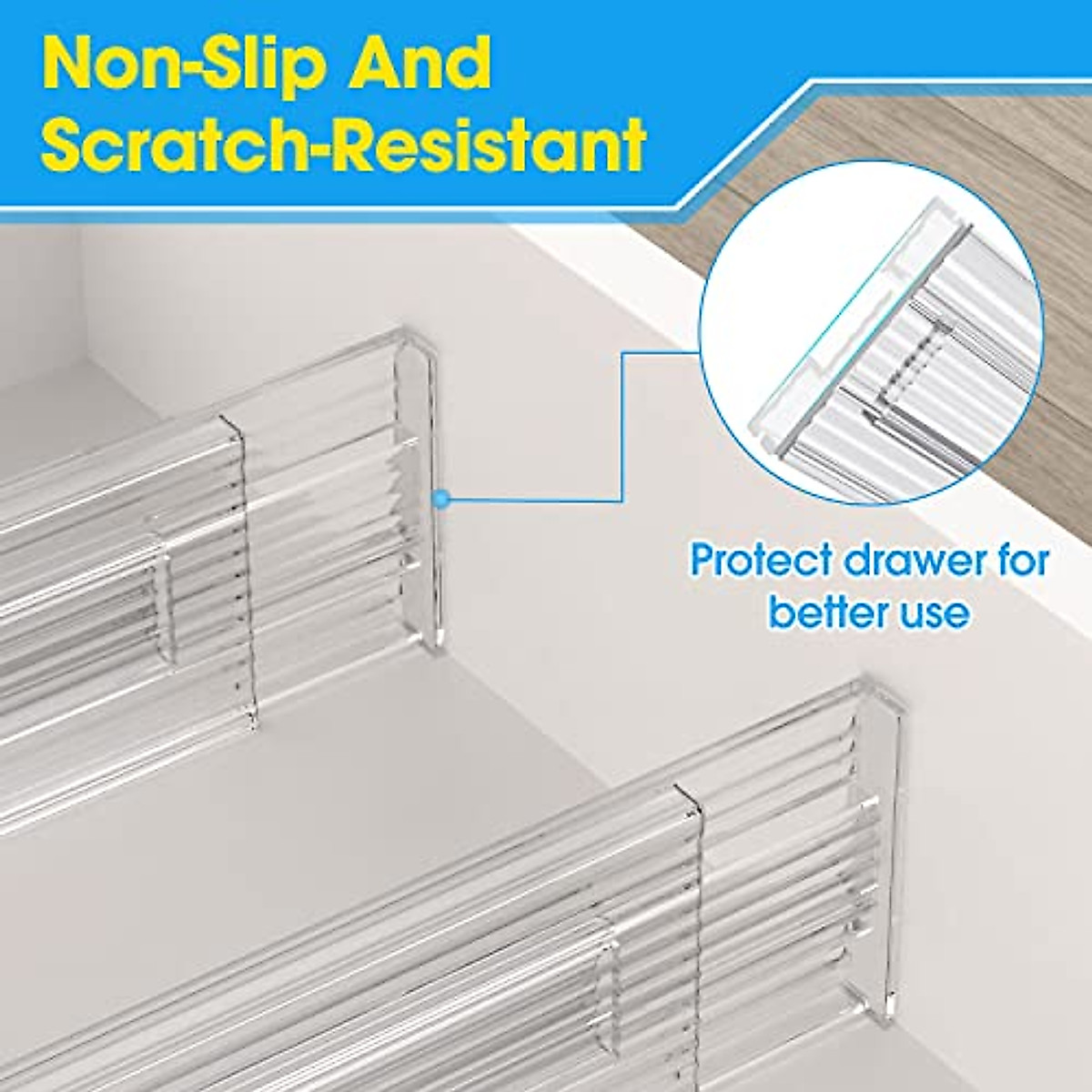 JONYJ Drawer Dividers Organizers 8 Pack, Adjustable Separators 3.2" High Expandable from 11"-19", Clear Plastic Drawer Organizers for Clothing, Kitchen, Bedroom, Closet, Kitchen Storage