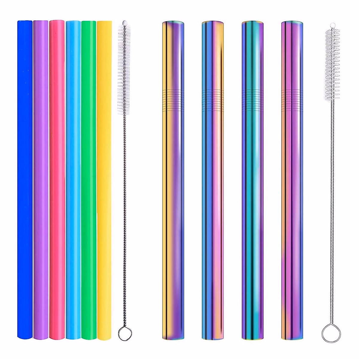 ALINK 6 Silicone Smoothie Straws + 4 12MM Stainless Steel Boba Tea Straws