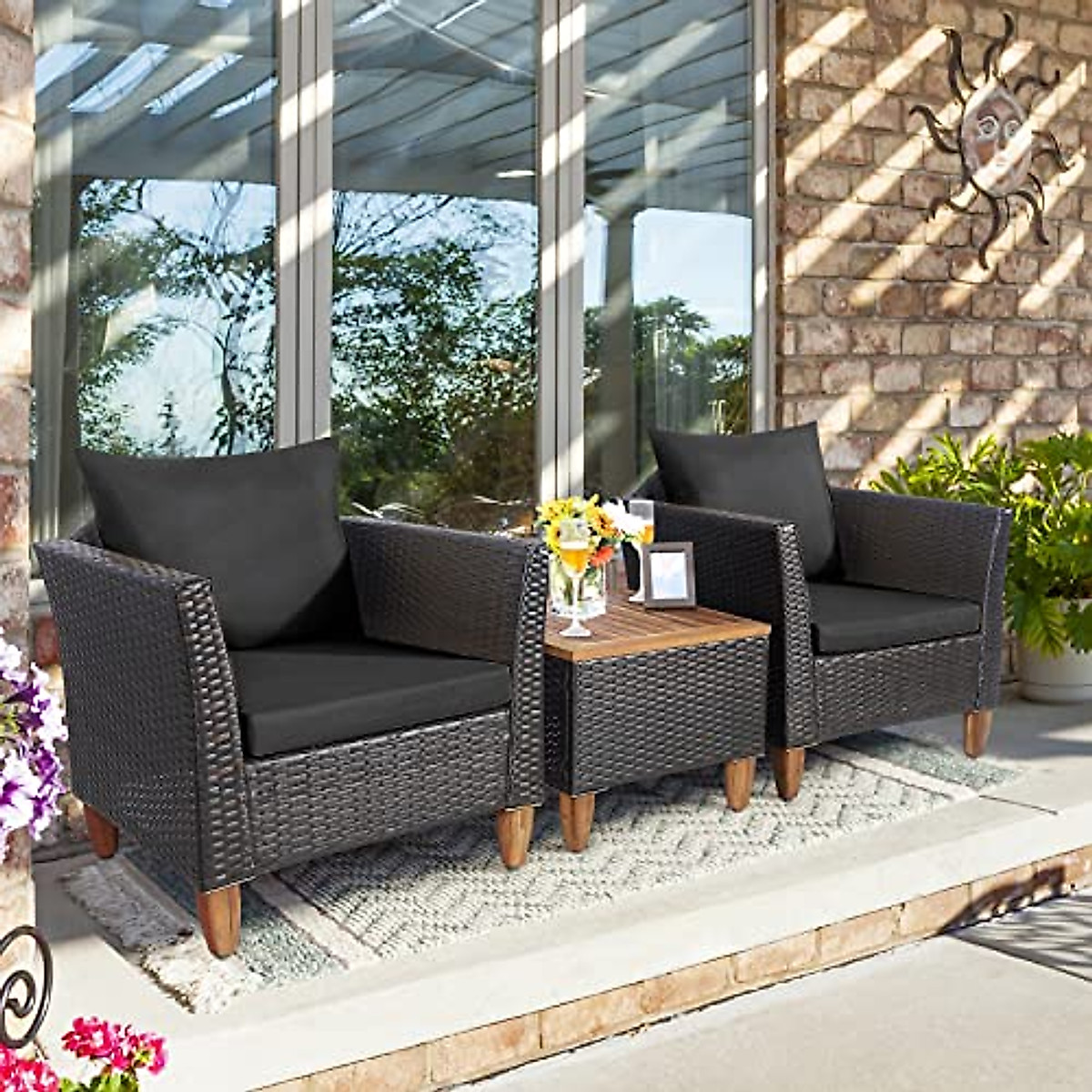 Tangkula 3-Piece Patio Furniture Set, Patiojoy Outdoor PE Wicker Bistro Set with Soft Cushions and Solid Acacia Wood, Outdoor Conversation Set with Porch, Balcony and Garden (Black)