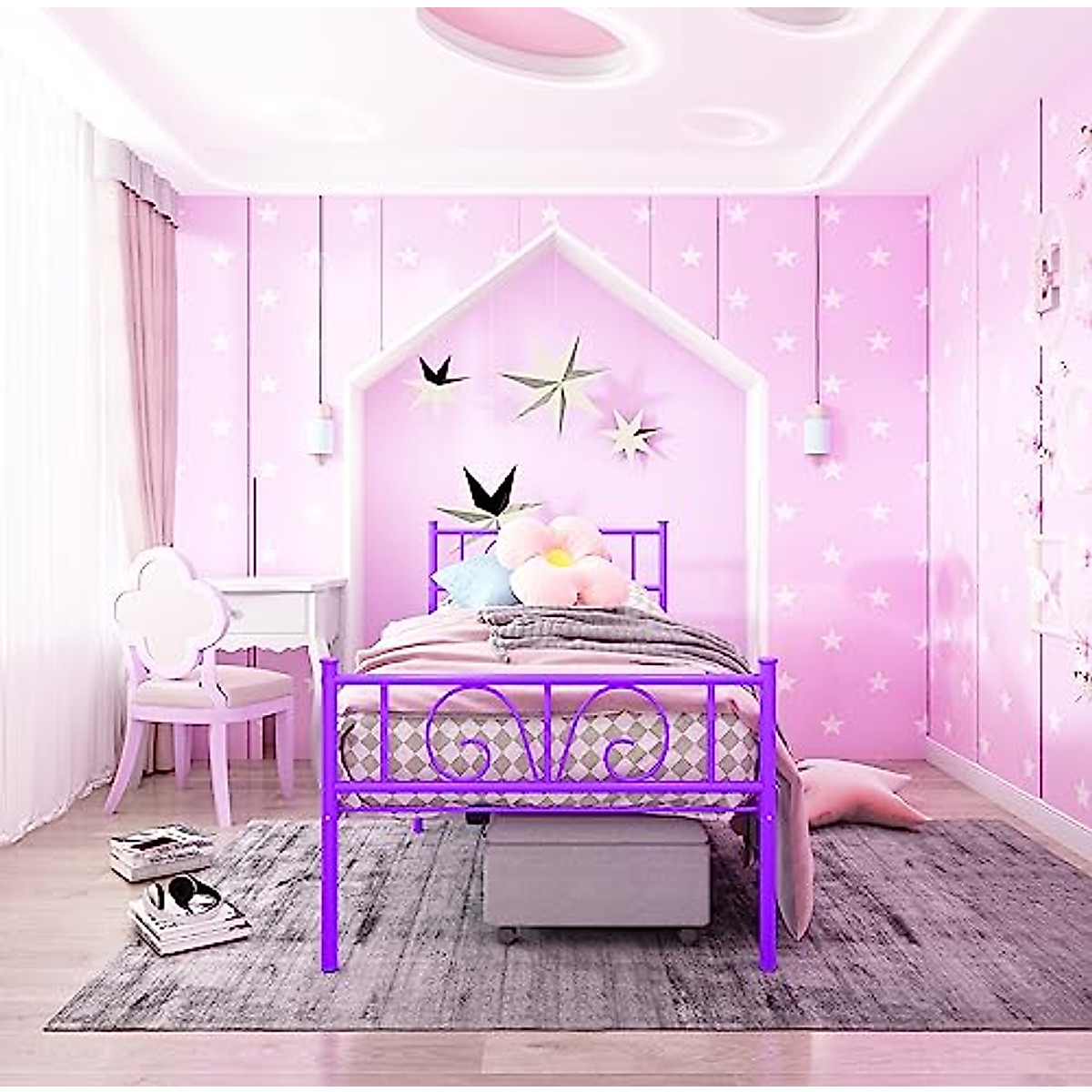 GIME Purple Metal Platform Bed Frame Twin Bed Frames with headboard for Ki‘ds