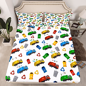 Garbage Truck Kids Fitted Sheet Twin Size,Cartoon Trash Truck Transport Vehicles Bedding Set,Boys Girls Adults Room Decor,Trash Can Chic Bed Cover,Colorful Bright Bed Sheet,1 Pillowcase