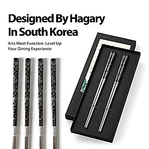 Hagary Dragon Chopsticks Metal Reusable Designed In Korea Japanese Style Stainless Steel 316 18/10 Non-Slip 2 Pairs Dishwasher Safe Laser Etched (Black)
