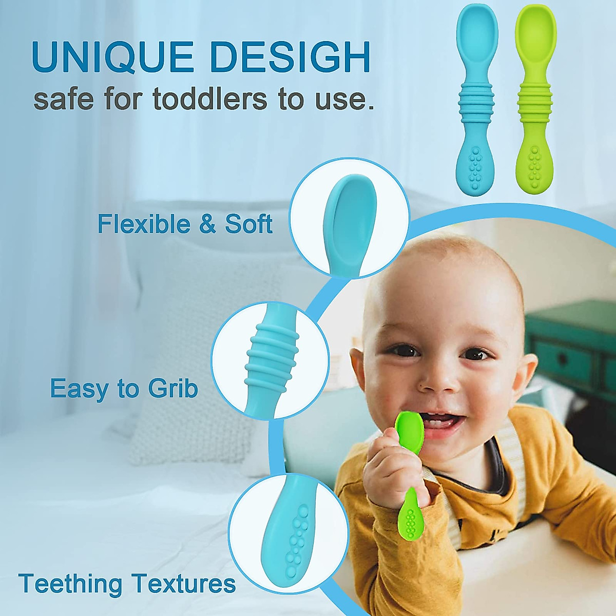 Baby Spoons Self Feeding for 6+ Month Boys Girls, 4 Pack Silicone First Stage Training Spoons for Infants and Toddlers, Chewable Led Weaning Untensils, Dishwasher Safe Boil-proof