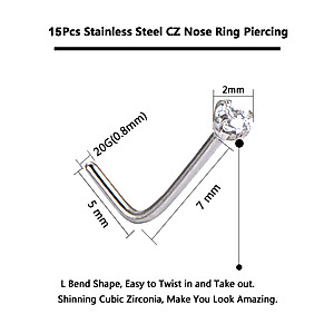 15 Pieces 20 Gauge L Shaped Nose Ring Curved Nose Stud Bend Bar Piercing Jewellery, 15 Colors