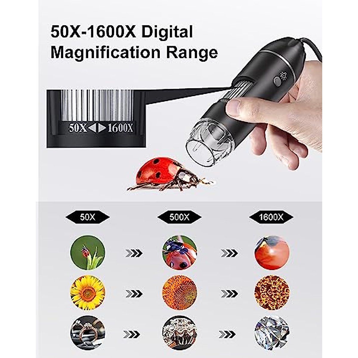 Digital Microscope Camera, Aopick Handheld USB 1440P HD Inspection Camera 50x-1600x Magnification Portable Handheld Pocket Microscopes with 8 LED & Stand, Compatible with iPhone, Android
