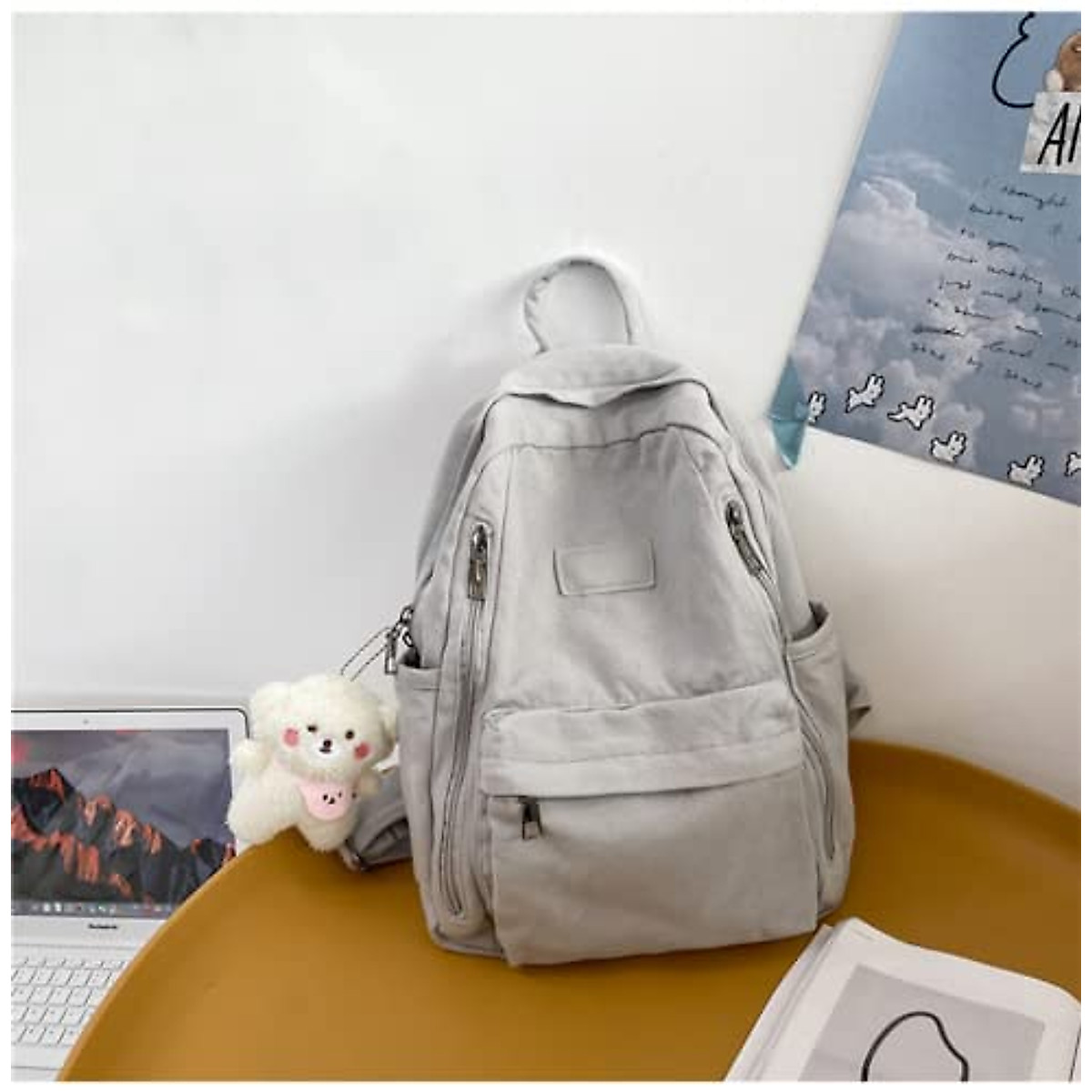 CHERSE Aesthetic Kawaii Backpack to school large capacity Lovely Aesthetic Student canvas Bookbags with accessories (Gray)