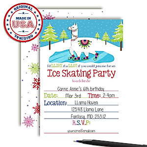 Colorful Llama Ice Skating Birthday Party Invitations, 20 5x7 Fill In Cards with Twenty White Envelopes by AmandaCreation