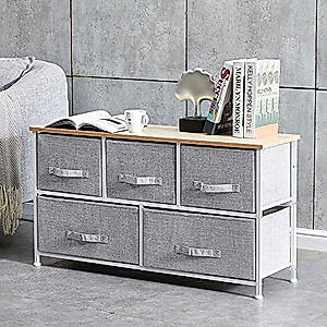 4HOMART Drawer Dresser Closet with 5 Easy Pull Fabric Drawers Organizer Unit Storage with Sturdy Steel Frame Wood Top for Bedroom Hallway Entryway Use