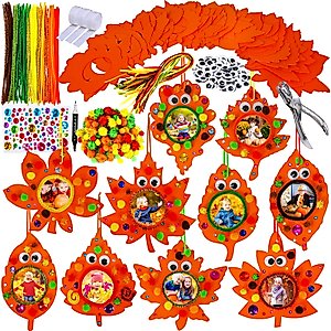 Winlyn 20 Sets Fall Crafts Kits Fall Crafts DIY Fall Leaf Shaped Picture Frames Ornaments Decorations Art Sets Foam Stickers Arts and Crafts for Kids Halloween Thanksgiving School Classroom Activities