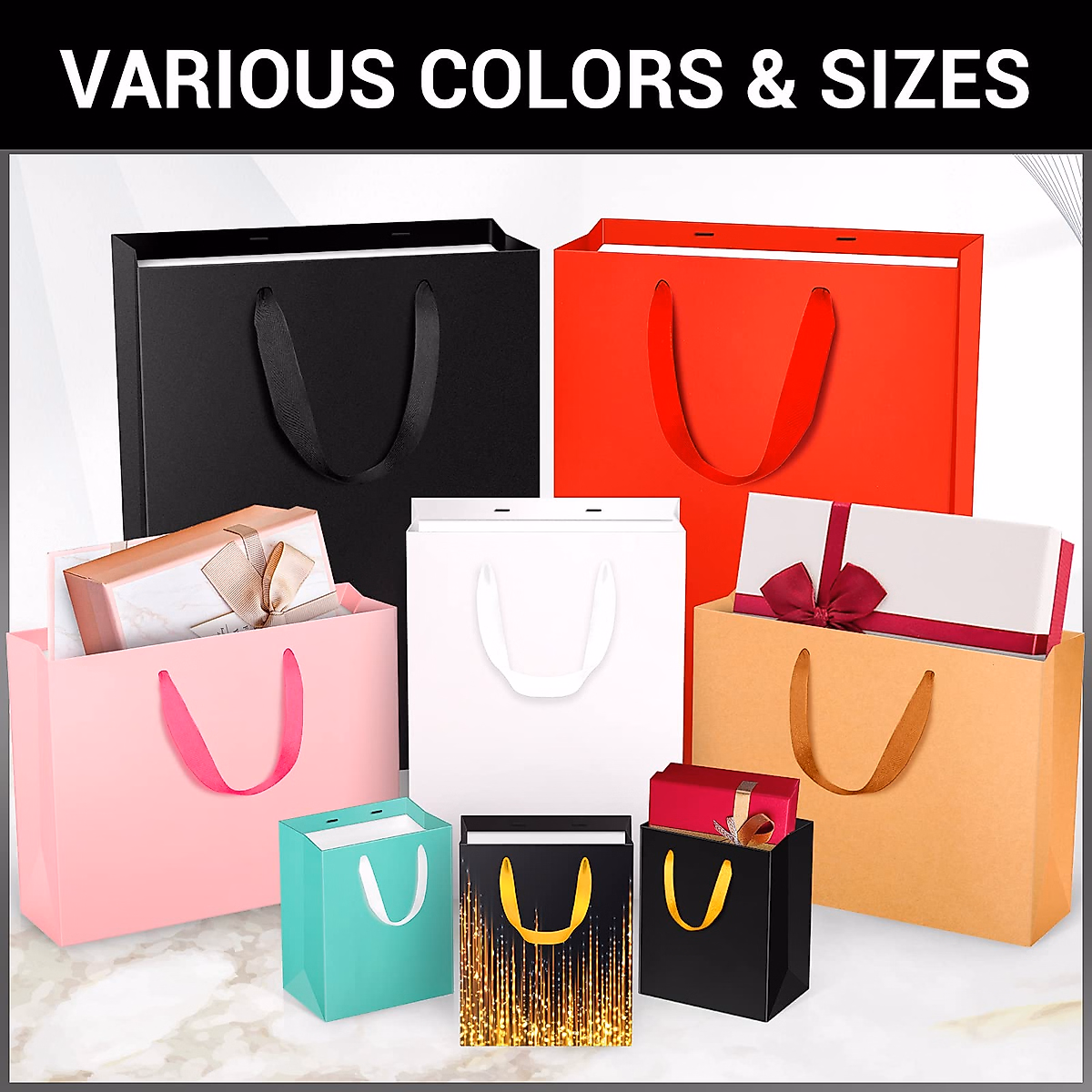 EUSOAR Shopping Bags for Boutique, 20pcs 7.8" x 3.9" x 11" Medium Sturdy Black Kraft Paper Gift Bags with Cloth Handle Bulk, Merchandise Retail Wrap Bags for Business, Craft Grocery, Party, Wedding