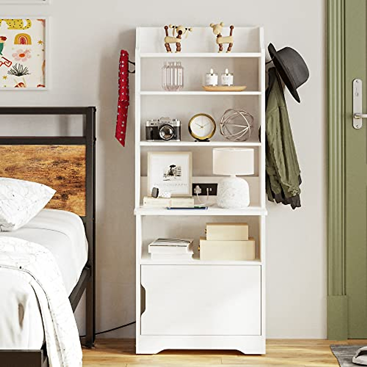 LIKIMIO Night Stand 55" Tall, End Side Table with with Charging Station and Storage Cabinet, Small Bookshelf, for Living Room Office Bedroom, Industrial White