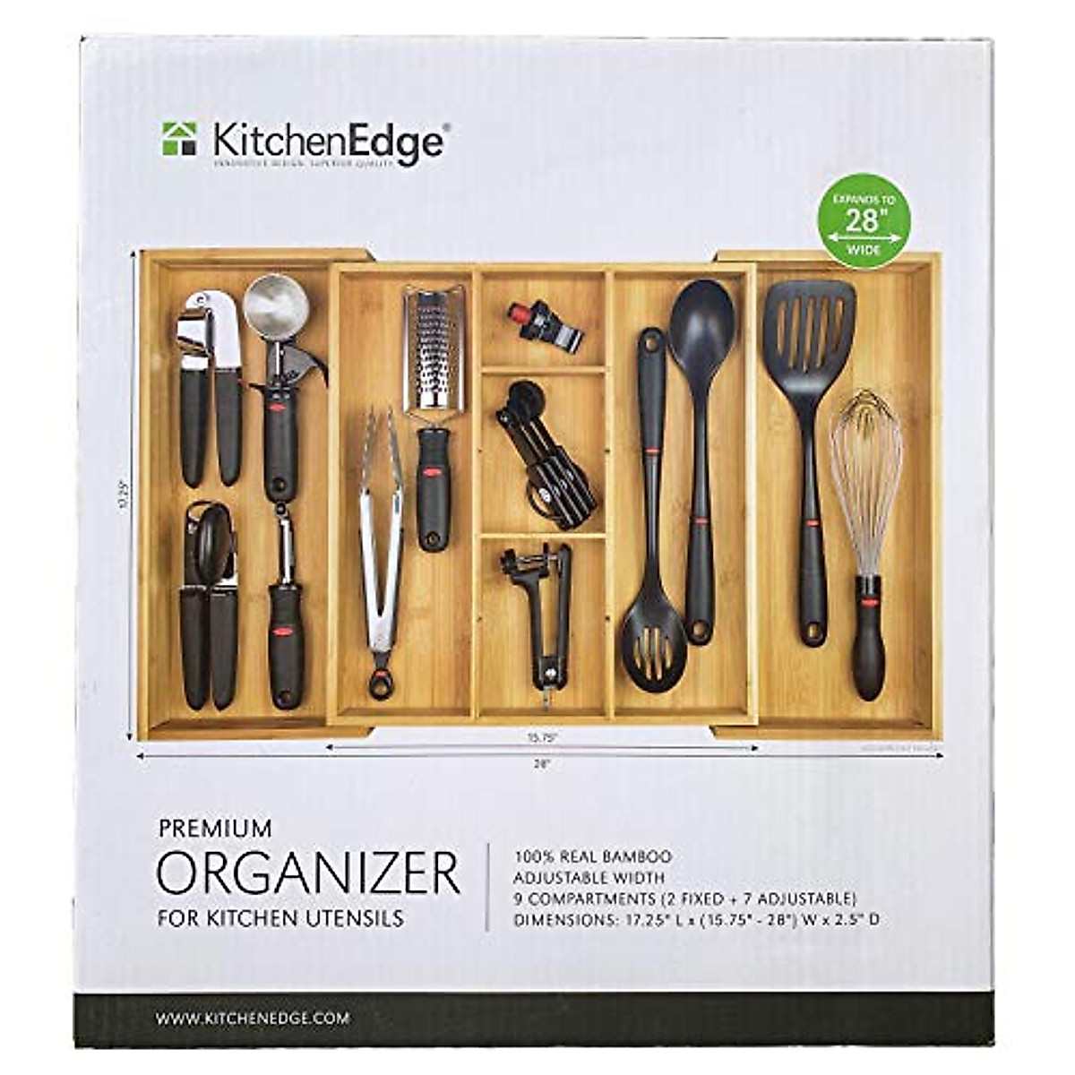 KitchenEdge Adjustable Kitchen Drawer Organizer for Utensils and Junk, Expandable to 28 Inches Wide, 9 Compartments, 100% Bamboo