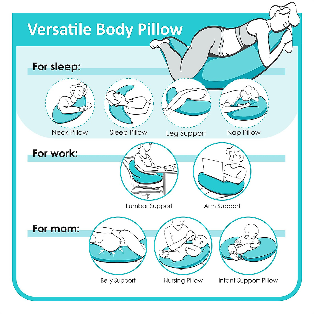 BYRIVER 43" Long C Shaped Body Pillow for Adults Men Women, Side Sleeper Pillow for Neck Shoulder Back Pain Relief, Cooling Post Sugery Pillow Pregnancy Pillow, Blue Black Washable Pillowcase (XL)