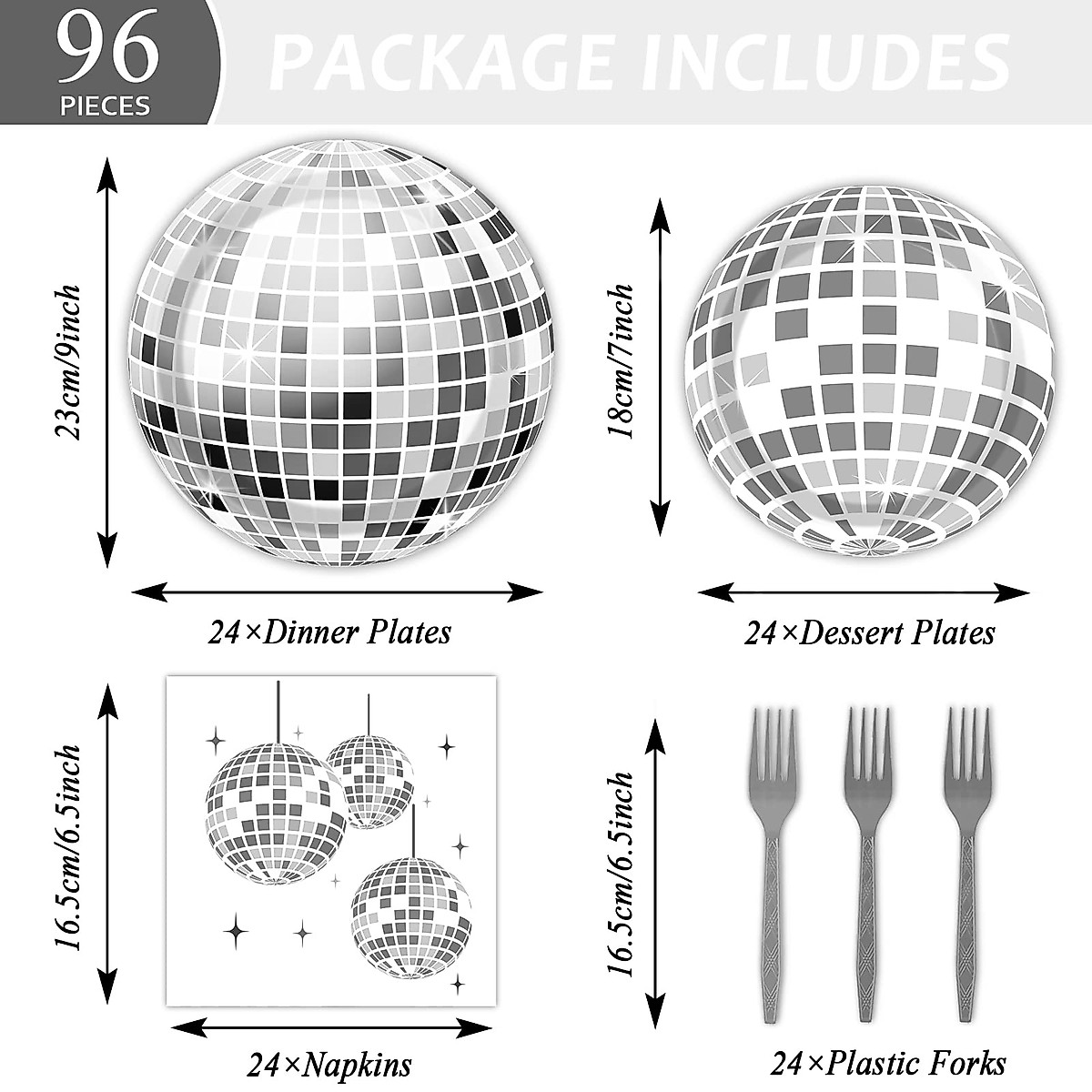 96 Pieces Disco Plates and Napkins Disco Ball Plates Disco Birthday Party Paper Plates 70s Tableware Set Birthday Party Supplies Silver Napkins Hip Hop Baby Shower Party Decorations for 24 Guests