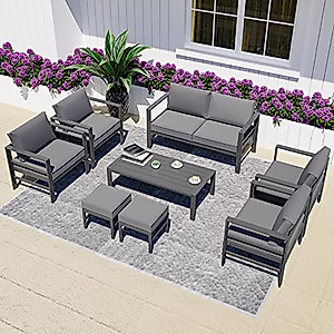 Auzfy Cast Aluminum Outdoor Patio Furniture with Ottomans, All Weather Metal Outdoor Patio Sectional Conversation Furniture Set with Coffee Table, 8pcs Modern Outdoor Steel Seating Furniture Set, Grey