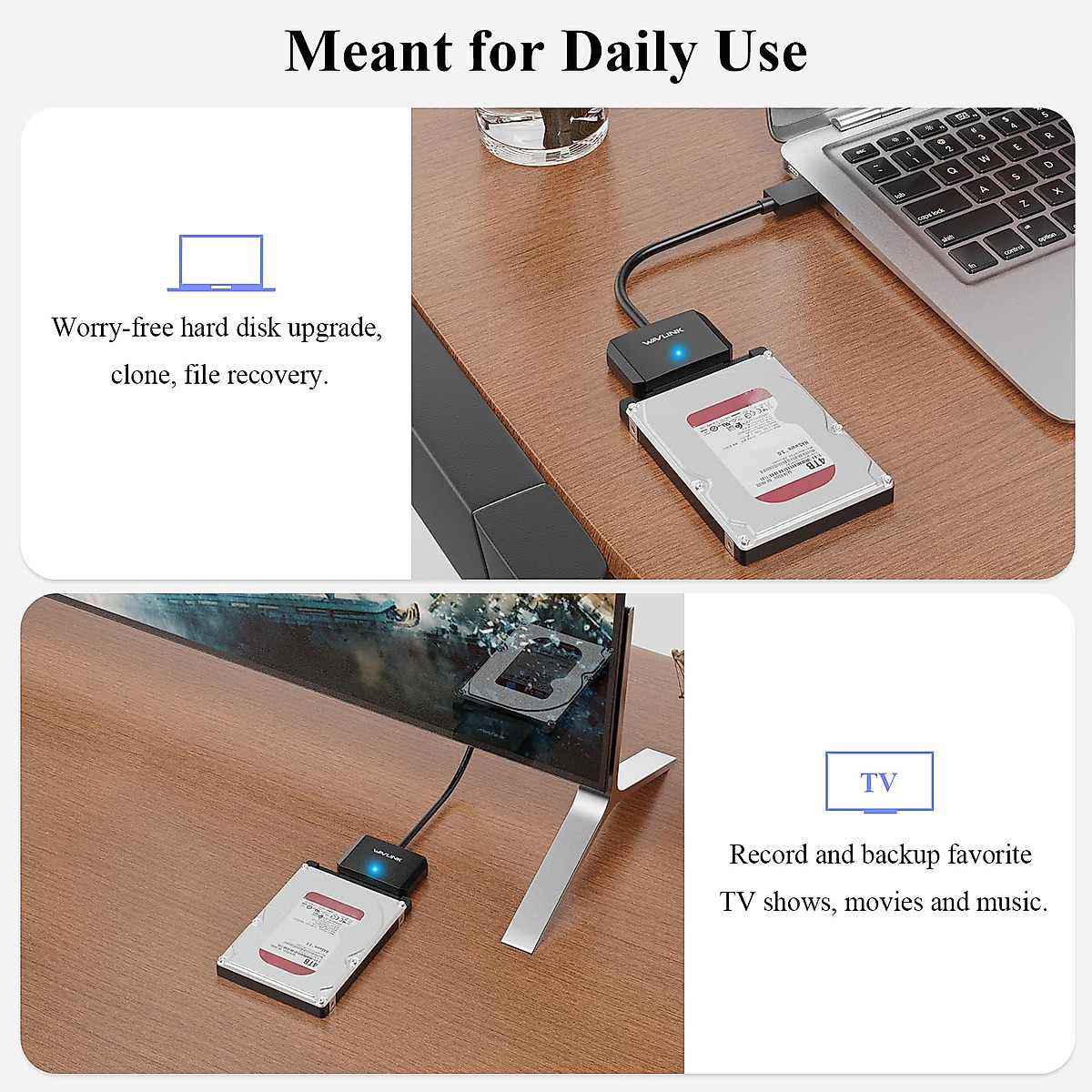 WAVLINK SATA to USB 3.0 Hard Drive Cable, 5Gbps USB3.0 to Sata Cable Support UASP, External Hard Drive SATA I/II/III Connector for 2.5, 3.5 inch HDD SSD Data up to 18TB - Include 12V/2A Power Adapter
