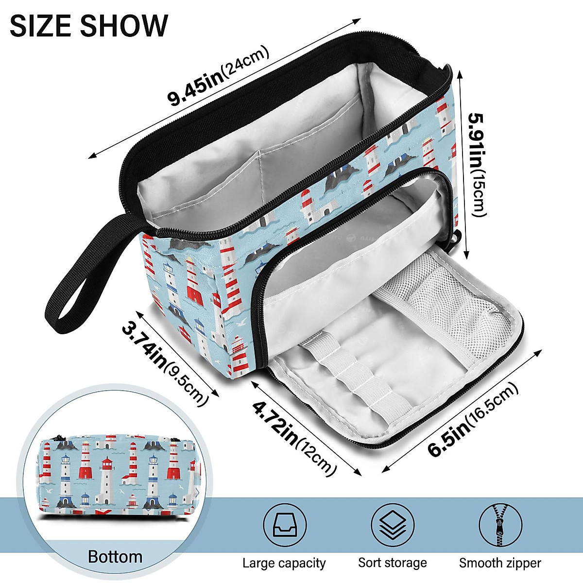 Fisyme Lighthouse Seagulls Waves Pencil Case Large Capacity Pencil Pouch Pen Bags Box Big Makeup Pencil Case Organizer