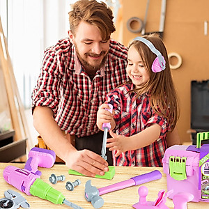 Kids Tool Set with Electric Toy Drill Tool Box for Girls, Pink Toddler Tool Set Kids Power Construction Pretend Play Tools Set Toy Hammer Tools Kit for 3 4 5 6 7 8 Year Old Girls Boy Kids Toddlers Toy