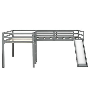 BOVZA L-Shaped Double Twin Size Loft Bed with Slide, Wooden Low Loft Bed Frame with Built-in Ladder and Safety Guardrail for 2 Kids Girls or Boys, Gray