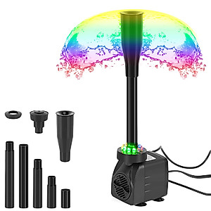 15W 256GPH Submersible Fountain Pump with 12 LED Light,7.2ft Water Pond Pump, Aquarium Fountain Pump for Small Pond,Garden, Aquariums, Fish Tanks, Indoor Outdoor Fountain 3 Type Nozzles Black